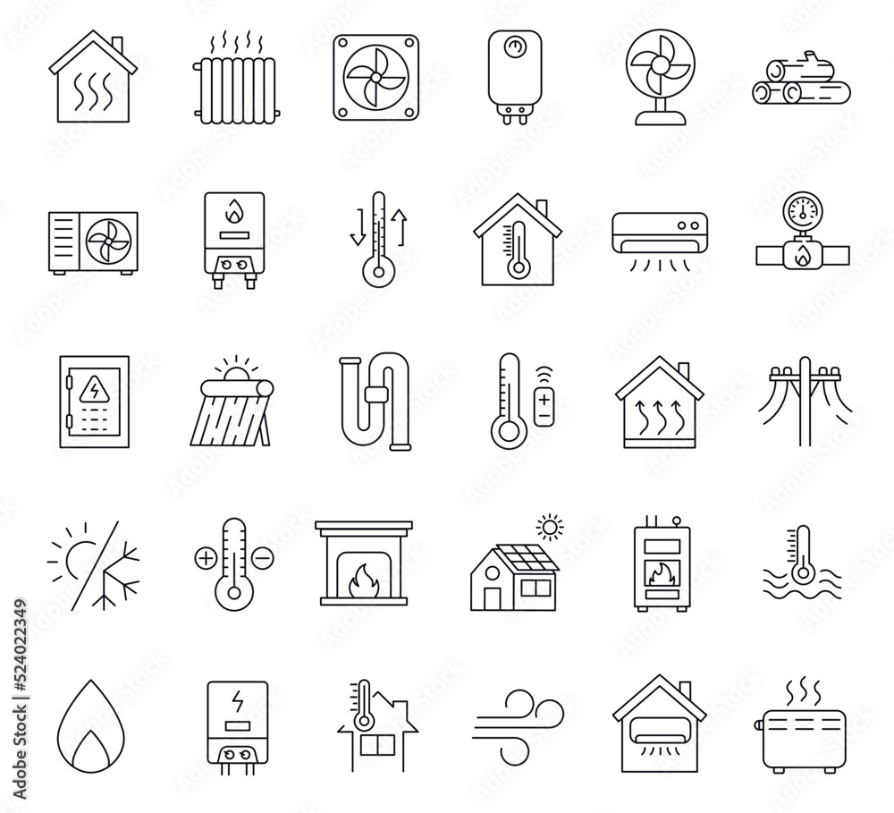 Set of 30 Heating and Cooling Line Icons. Home heating system, heater ...