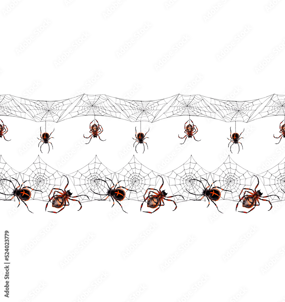Horizontal seamless border of black crossed and horned orange spiders ...
