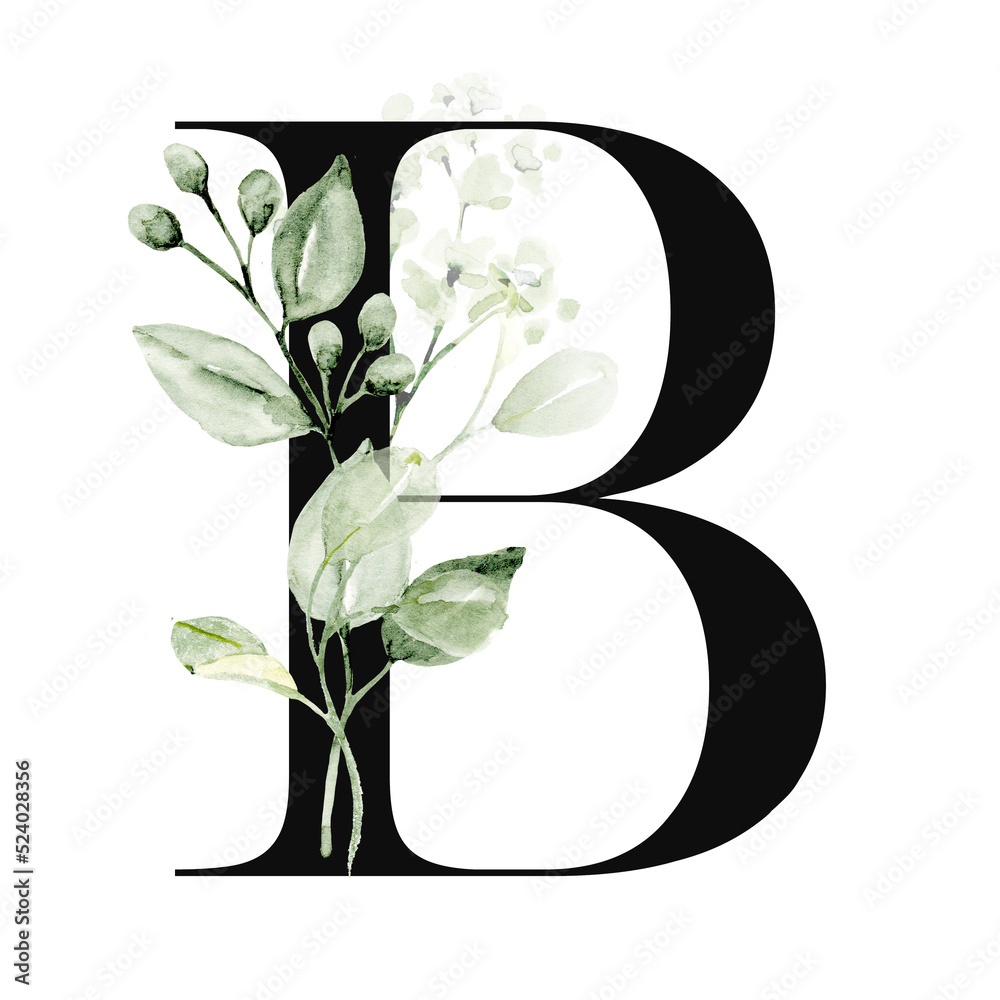 Floral alphabet, letter B with watercolor leaf. Monogram initial ...