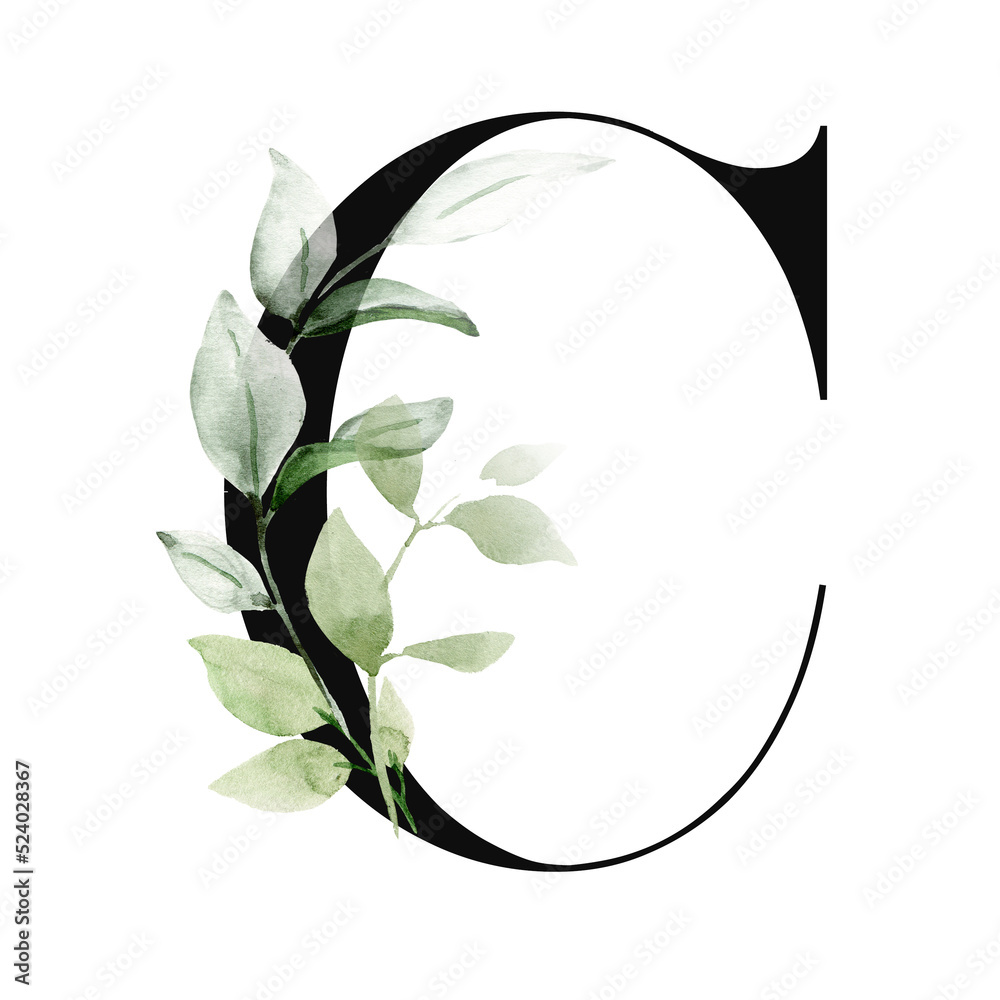 Floral alphabet, letter C with watercolor leaf. Monogram initial ...