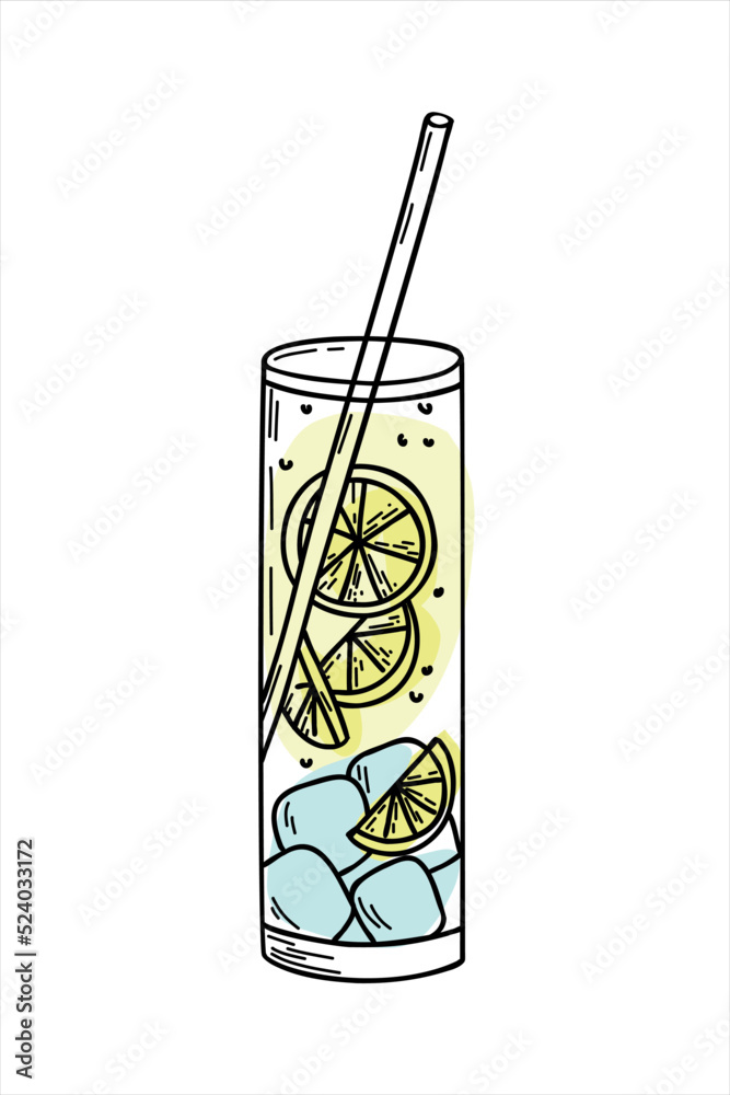 Lemonade glass with ice and a slice of lemon and a straw, lemonade ...