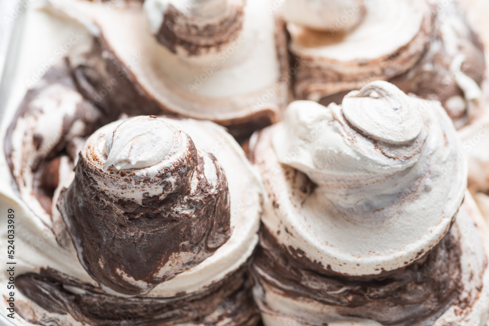 Frozen Bianco-nero flavour gelato - full frame detail. Close up of a ...