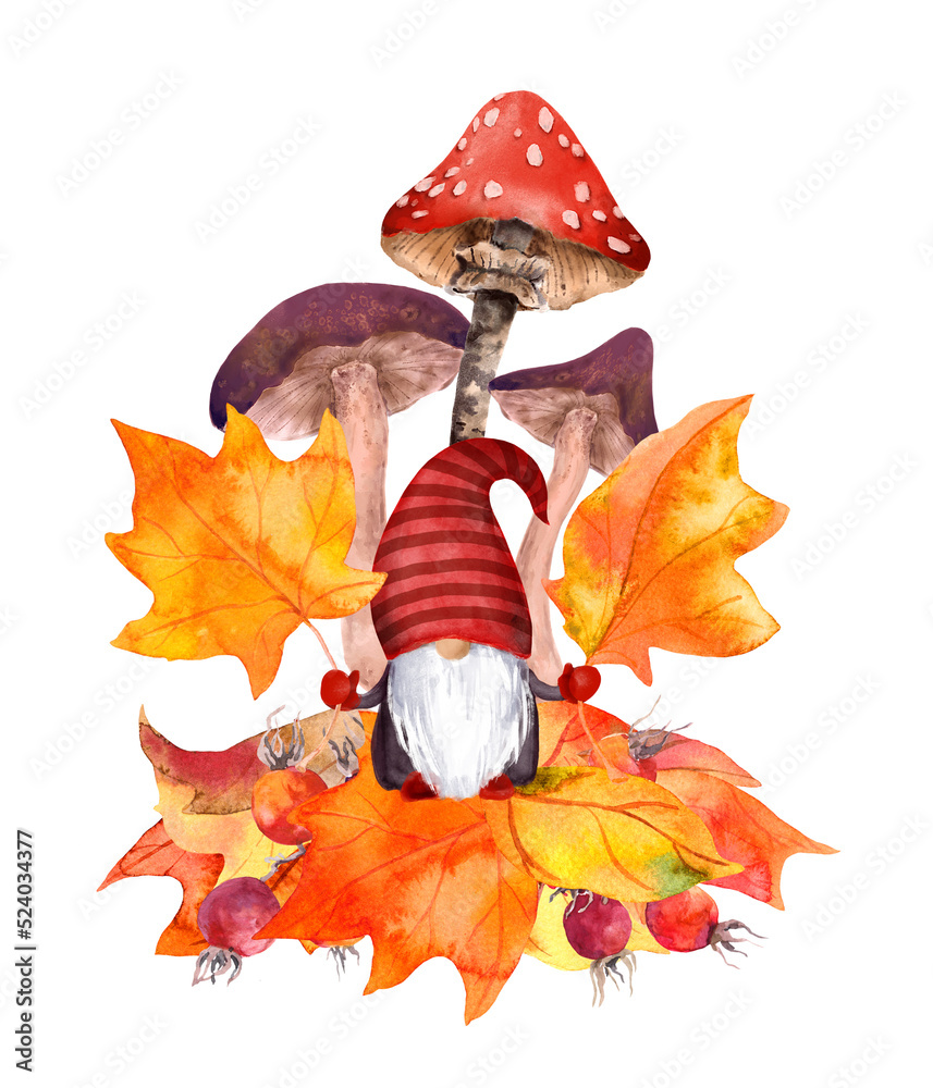 ภาพประกอบสต็อก Cute cartoon gnome with maple leaf on bunch of fall ...