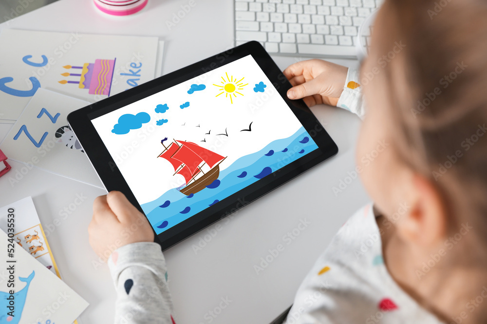 Little girl holding tablet with cute drawing at home. Child art Stock ...