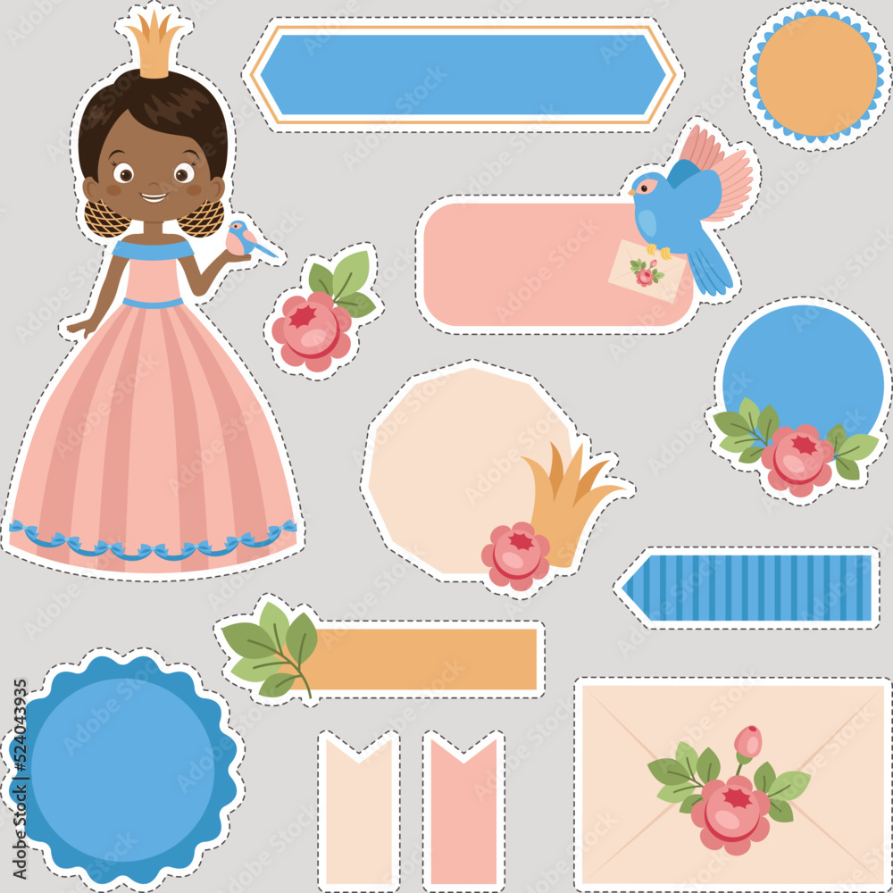 Little princess digital stickers set. Cute collection of a princess ...