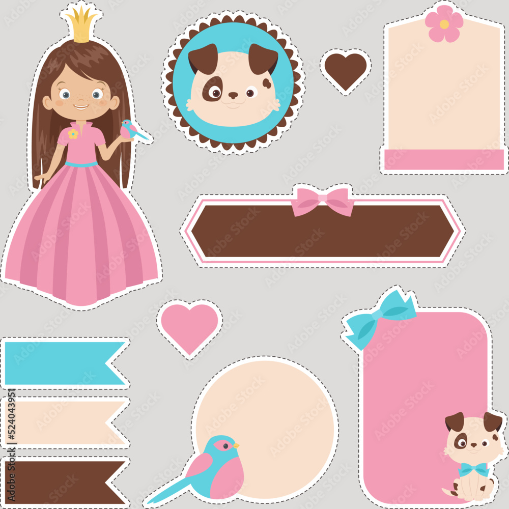 Little princess digital stickers set. Cute collection of a princess ...