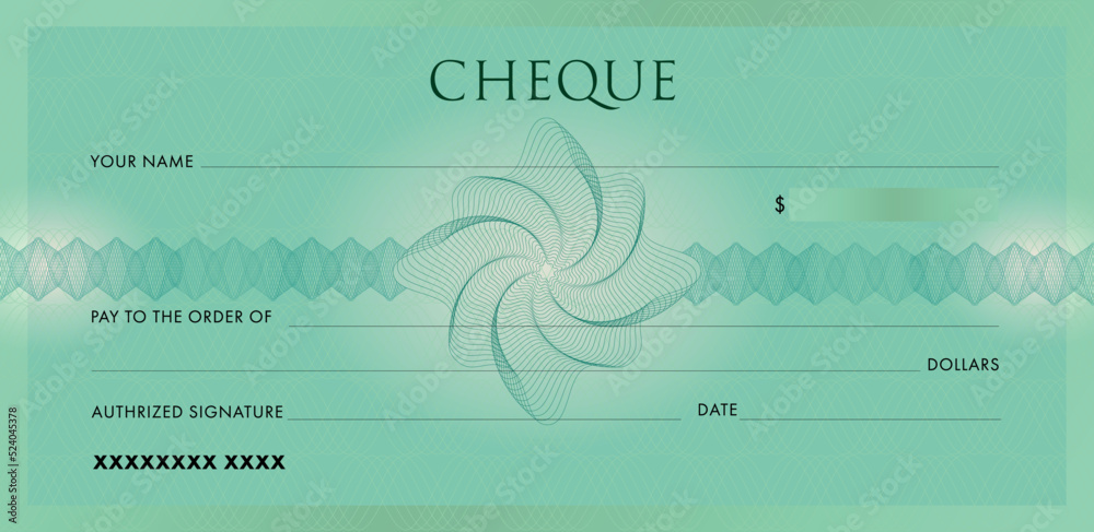 Green Cheque for Chequebook template. Linear Guilloche pattern with ...