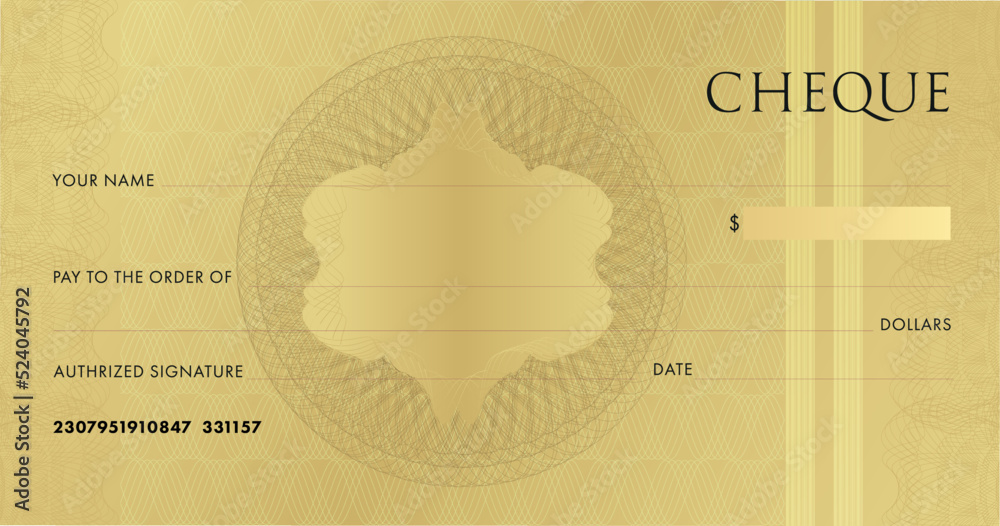 Golden Check template for Chequebook. Blank gold business bank cheque ...