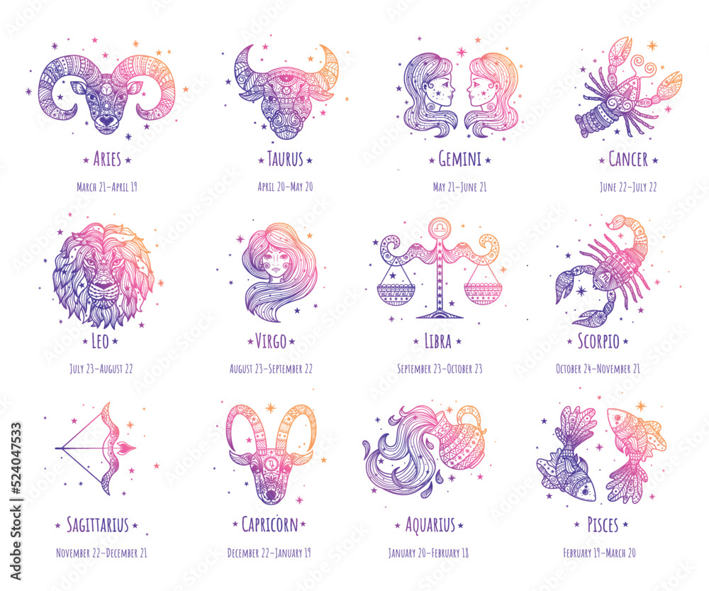 Colorful zodiac signs. Vector illustration.Line art. Easy to recolor ...