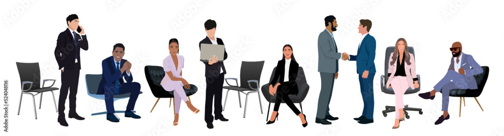 Vetor de Men and women dressed in smart clothes take part in business ...