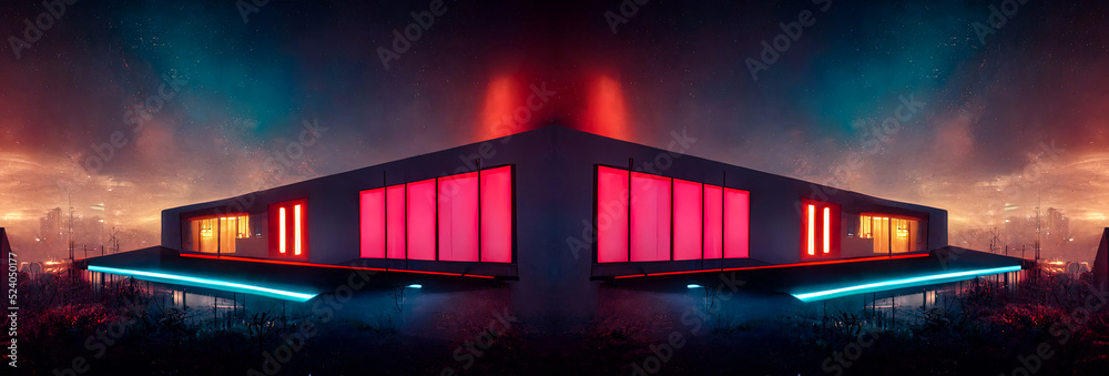 Exterior of a modern house. Dark room interior, colorful neon, interior ...