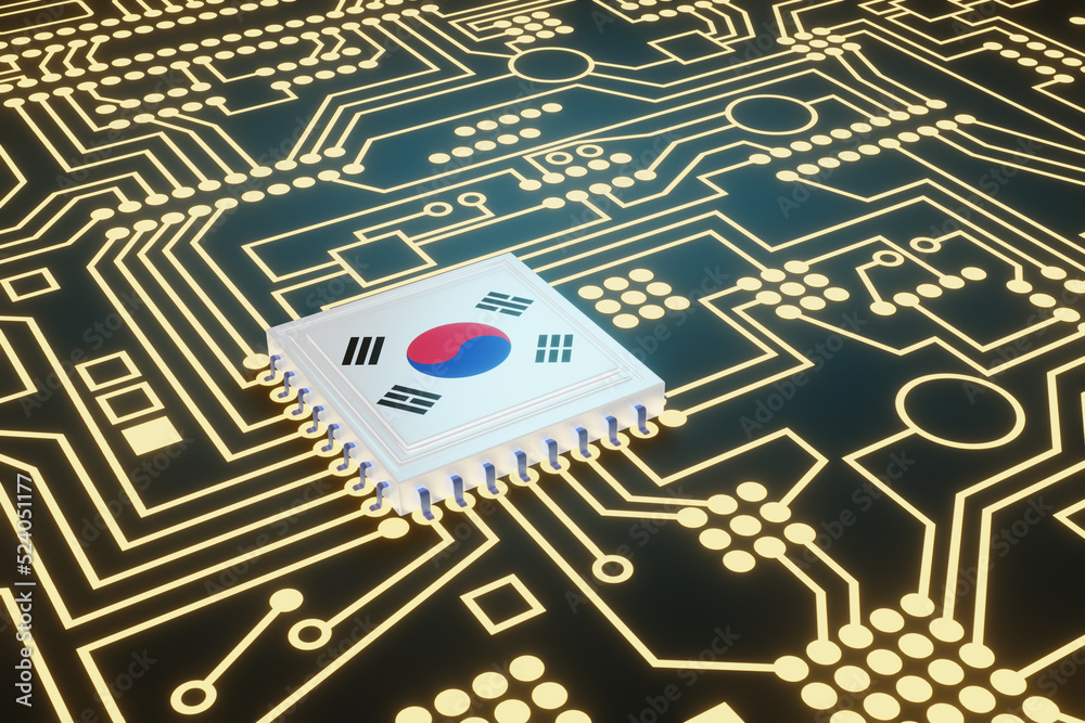 An advanced CPU printed with a flag of South Korea on a neon glowing ...