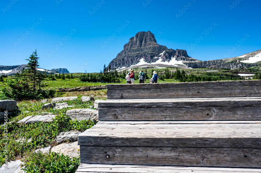 Wooden steps leading to Hidden Lake Overlook trail from the Logan Pass ...