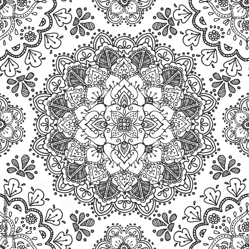 Detailed, hand-drawn seamless mandala vector pattern. This repeating ...