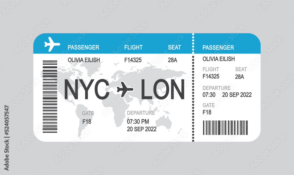 Realistic airline ticket design with flight time and passenger name ...