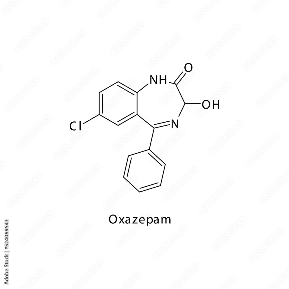 Oxazepam molecule flat skeletal structure, Benzodiazepine class drug ...