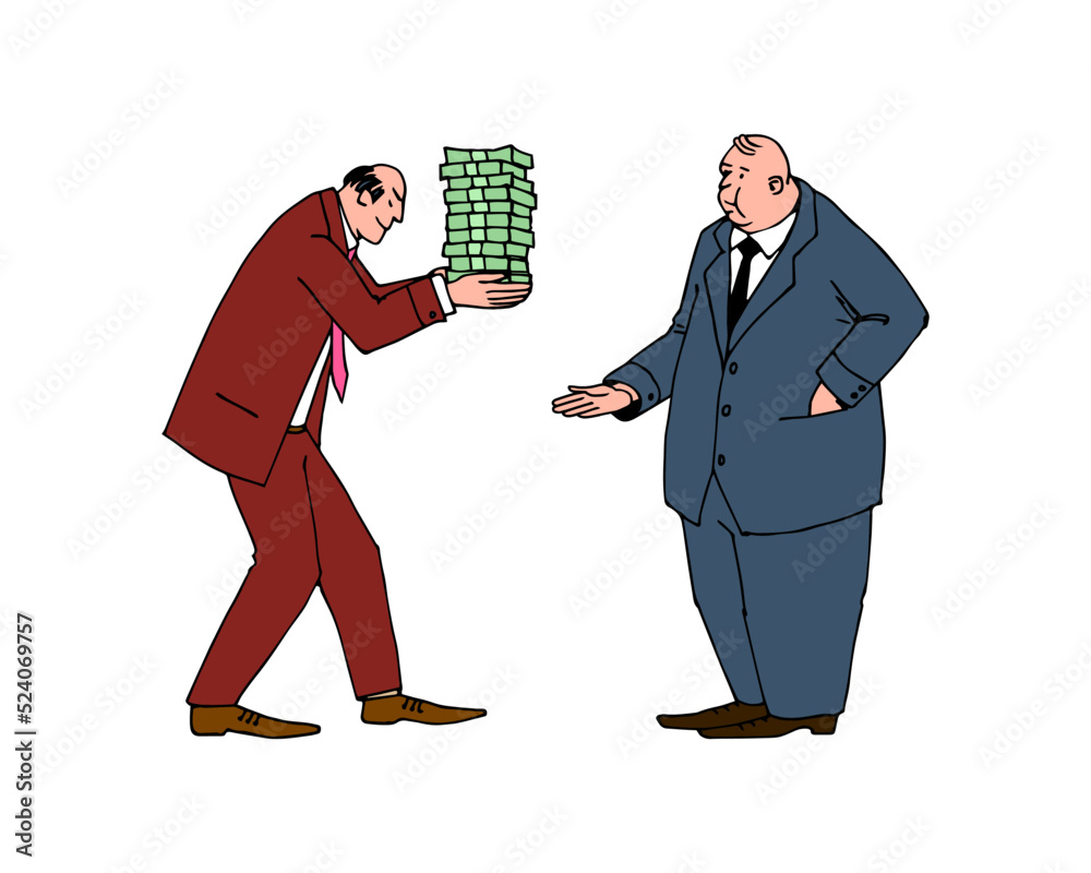 A businessman gives a bribe to an official. A corruption concept. Color ...
