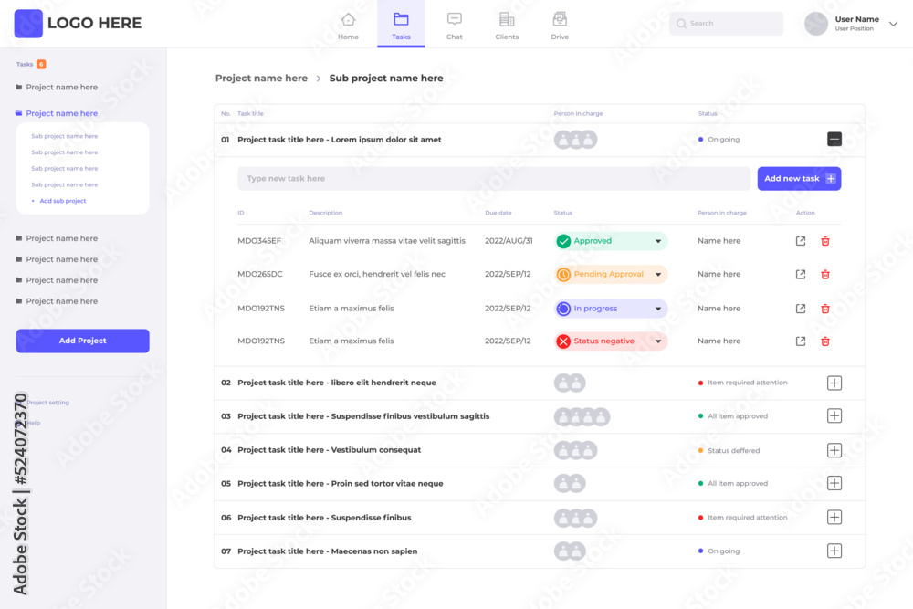 Project tasks homepage application UI design sources Stock Vector ...
