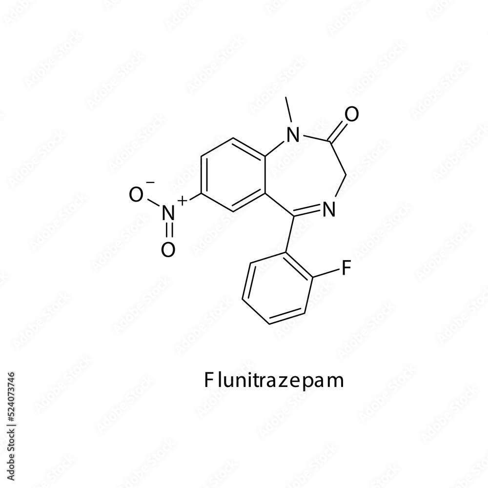 Flunitrazepam molecule flat skeletal structure, Benzodiazepine class ...
