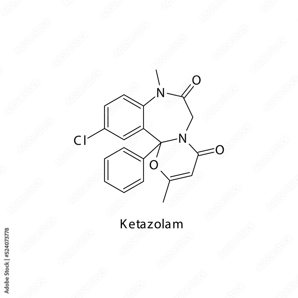 Ketazolam molecule flat skeletal structure, Benzodiazepine class drug ...
