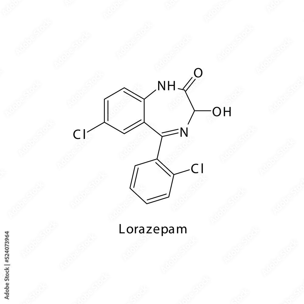 Lorazepam molecule flat skeletal structure, Benzodiazepine class drug ...