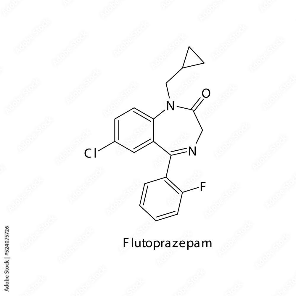 Flutoprazepam molecule flat skeletal structure, Benzodiazepine class ...