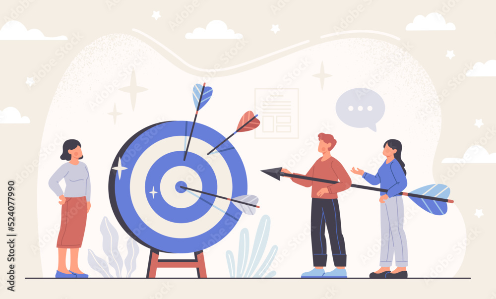 Striving to target and goal focus. Effective team of employees achieves ...