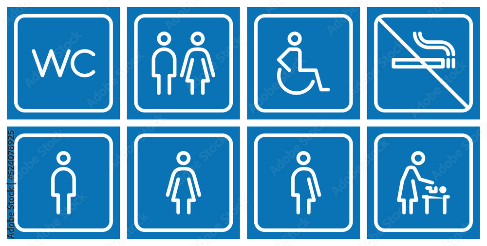 Toilet line icon set on blue backgrounds. WC sign. Men,women,mother ...
