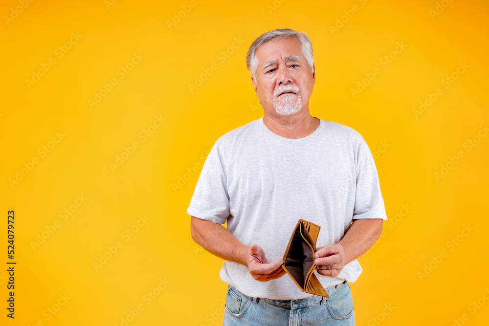 no money in wallet ,unemployed Asian old man opening empty wallet money ...