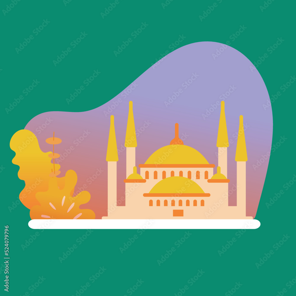 Simple Vector illustration drawing of a beautiful big mosque with 4 ...