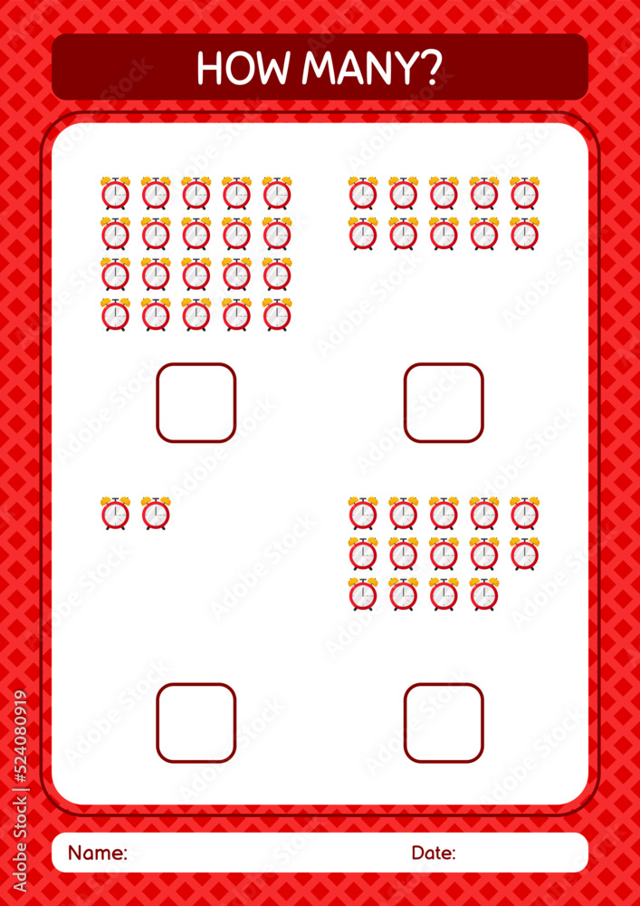 How many counting game with waker clock. worksheet for preschool kids ...