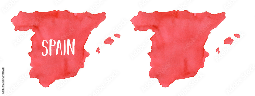 Watercolor painting of Spain Map Silhouette. Set of two variation ...