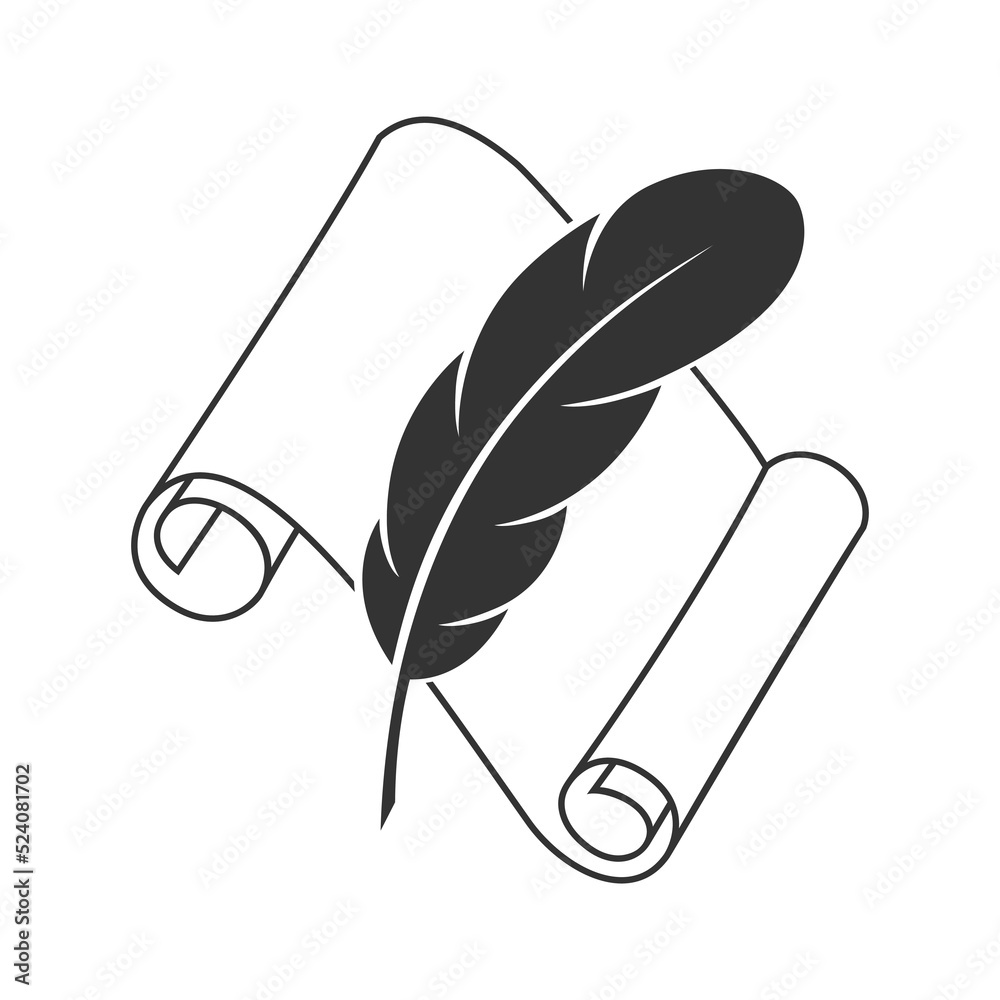 Feather and manuscript graphic icon. Scroll and ink feather sign ...