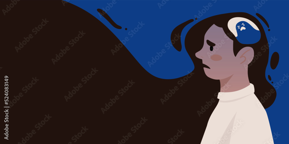 Sad woman with an inner fear monster behind her. Flat vector ...