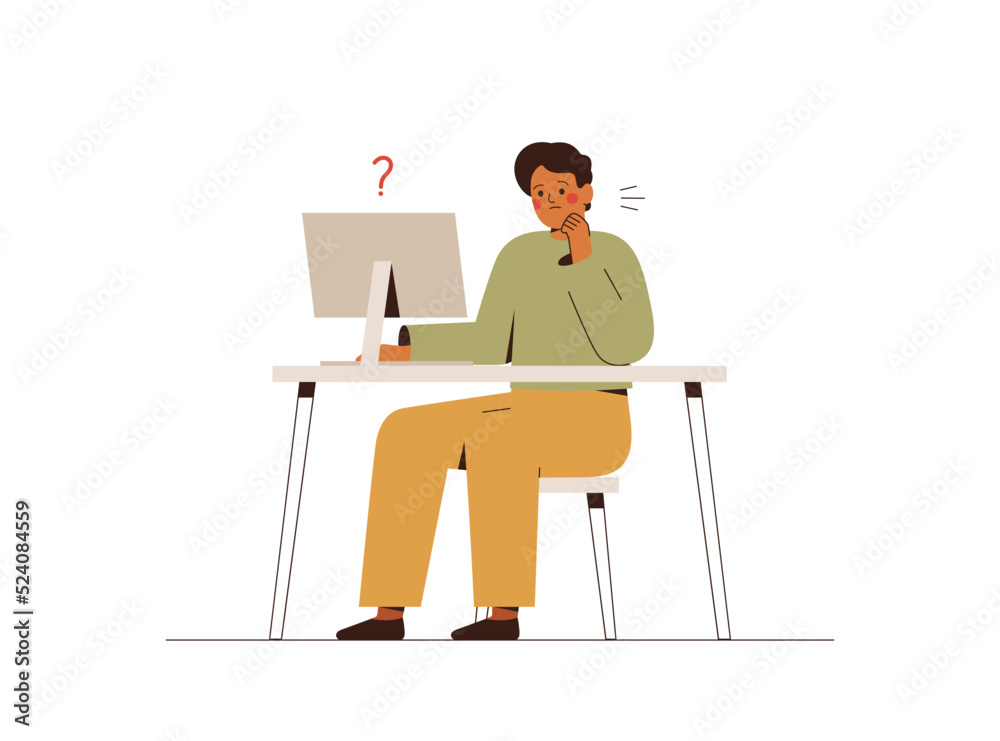 Thoughtful businessman works at the computer and thinks or solves the ...