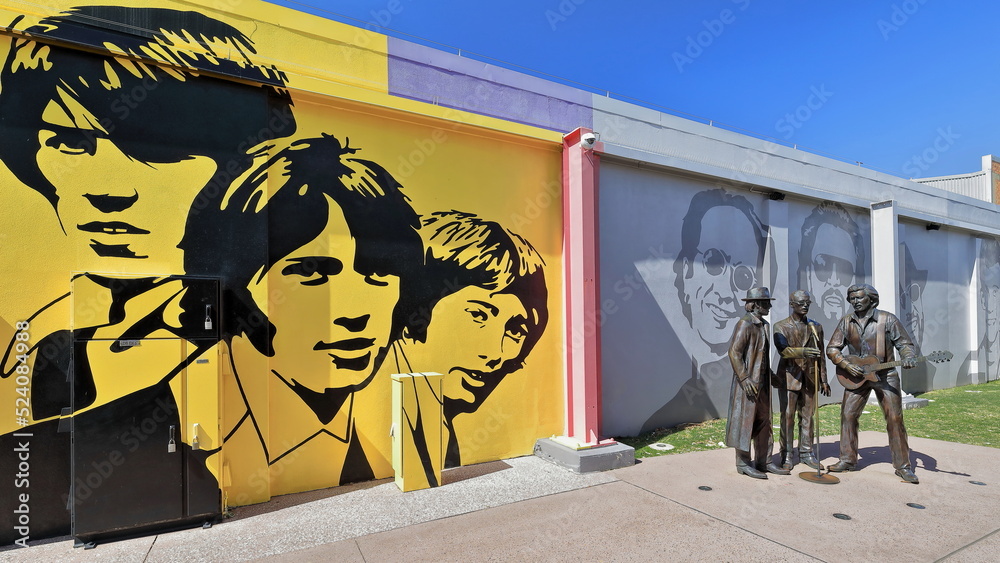 The Bee Gees way-mural and statues of the brothers. Redcliffe-Australia ...