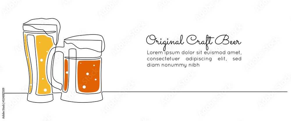 Continuous one line drawing of two beer glasses with foam. Craft drink ...