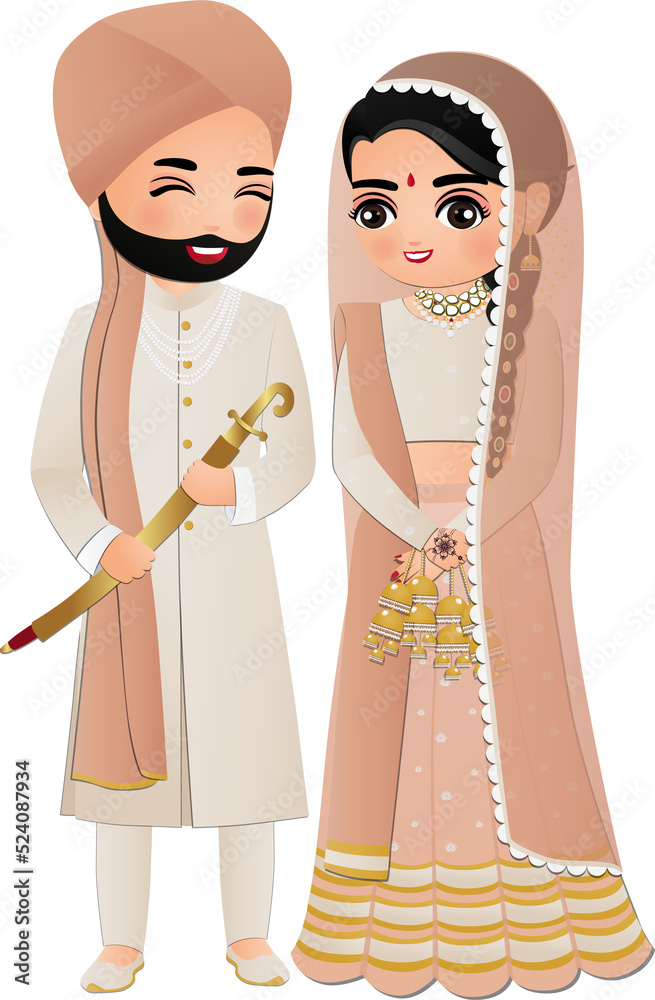 Bride and groom cute couple in traditional indian dress cartoon ...