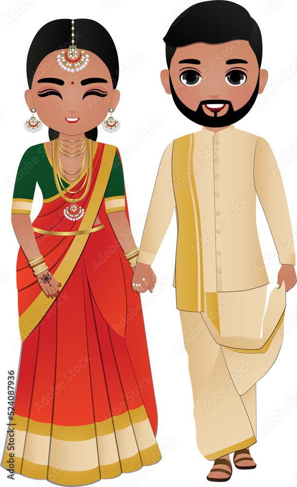 Bride and groom cute couple in traditional indian dress cartoon ...