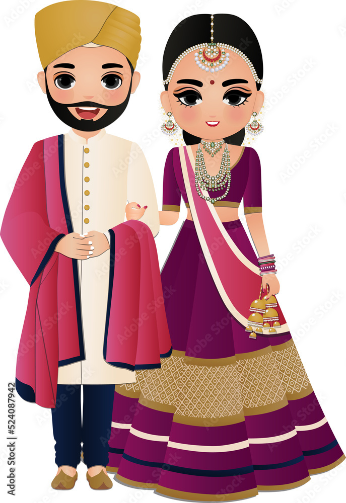 Bride and groom cute couple in traditional indian dress cartoon ...