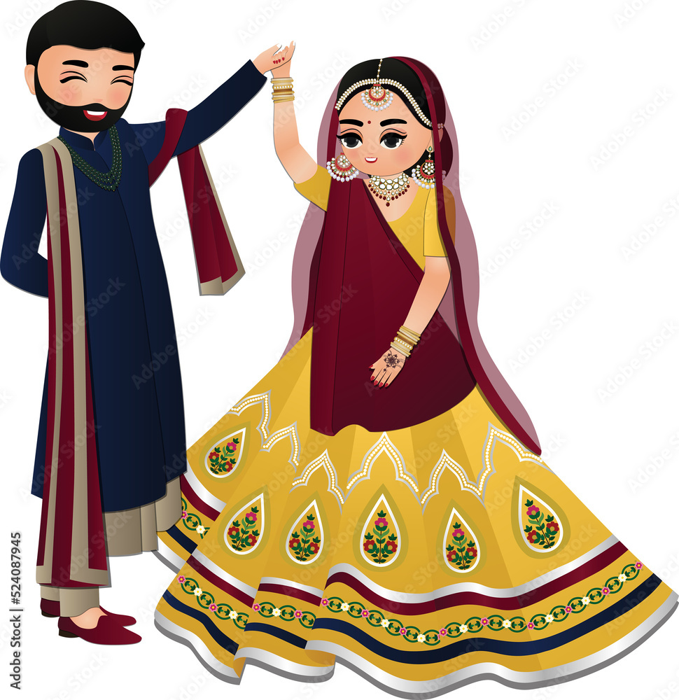 Bride and groom cute couple in traditional indian dress cartoon ...