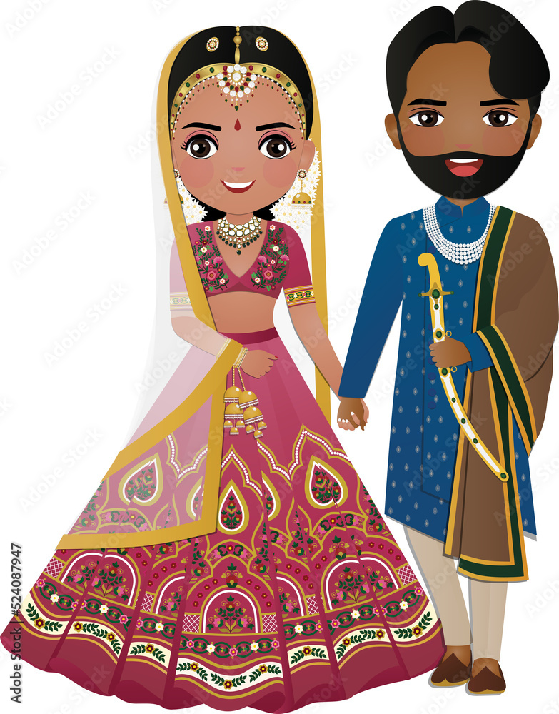 Bride and groom cute couple in traditional indian dress cartoon ...