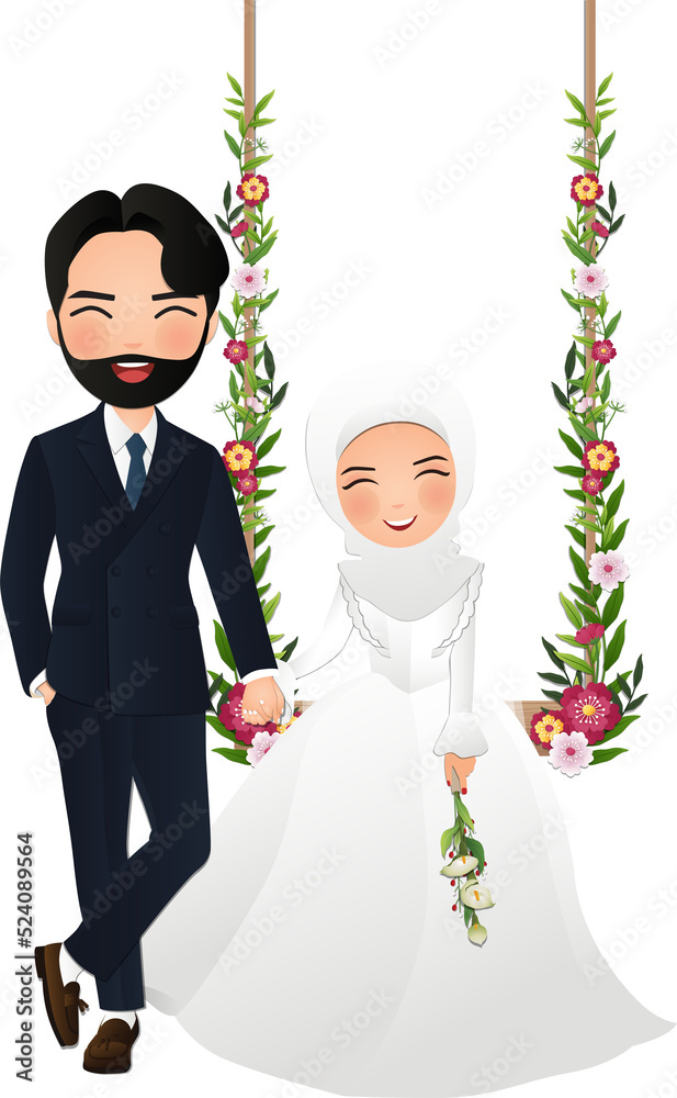 Wedding invitation card the bride and groom cute muslim couple cartoon ...