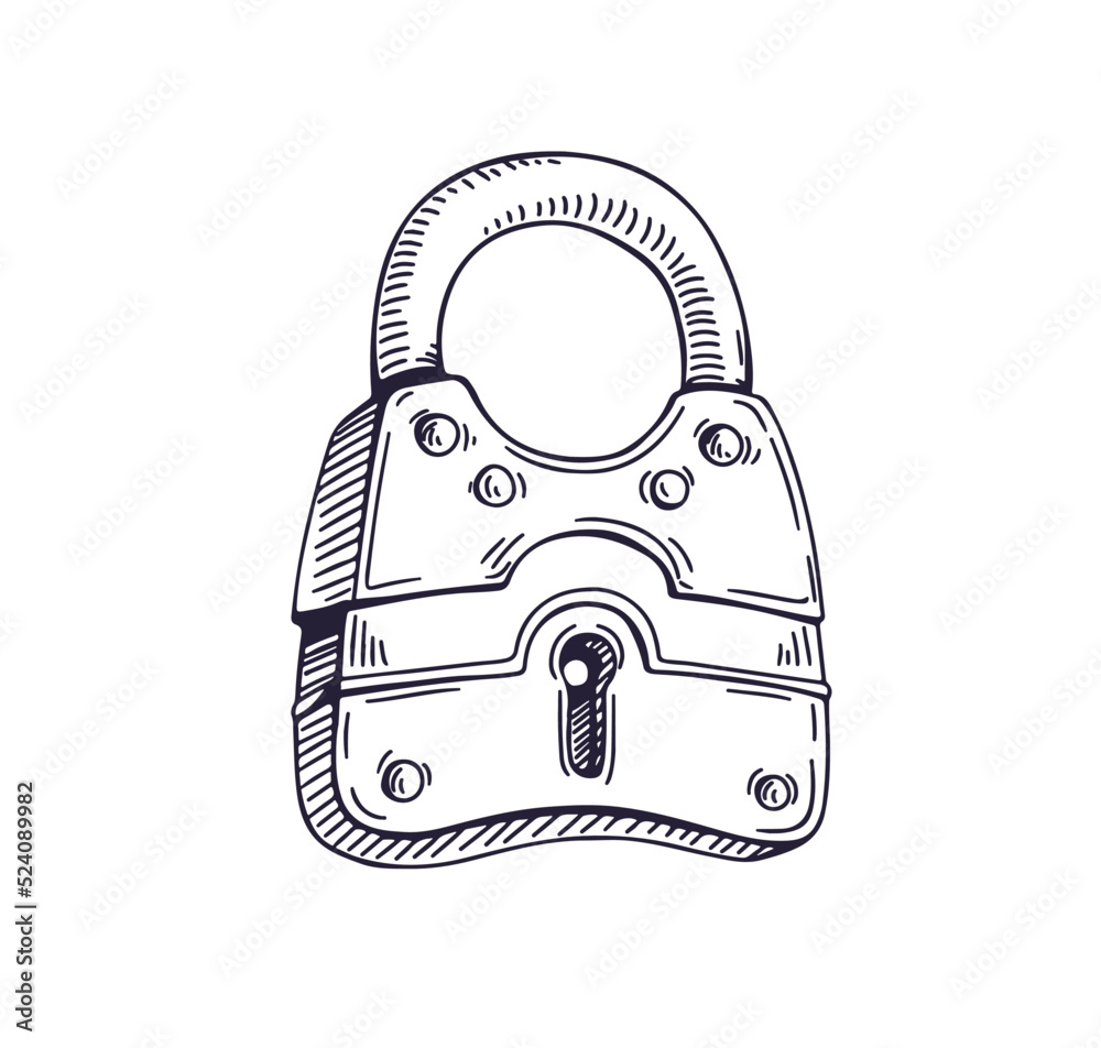 Old padlock drawn in vintage style. Engraved retro drawing of lock with ...