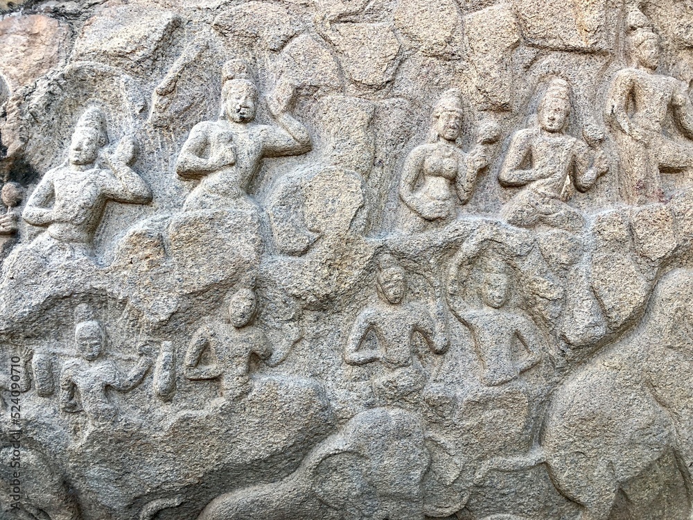 Bas relief stone carvings of historical sculptures on the monolithic ...