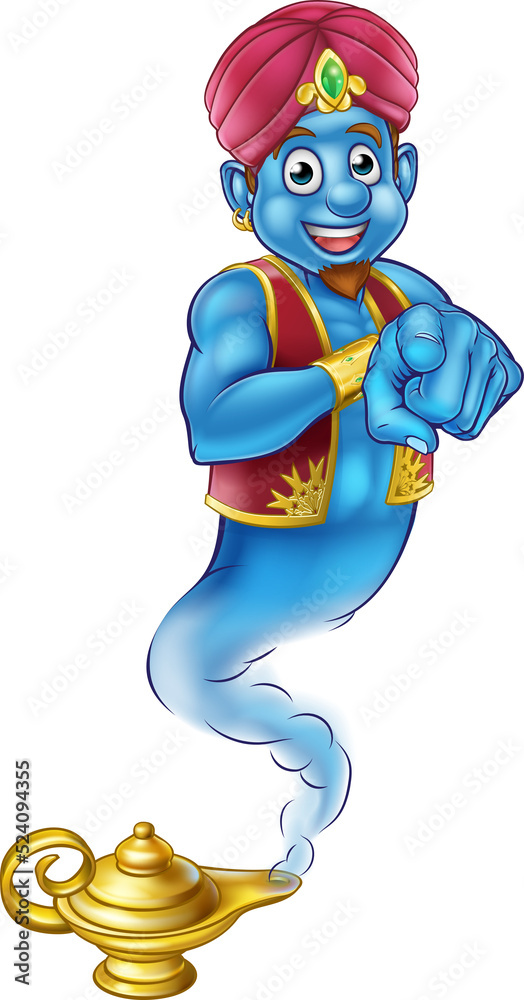 Friendly Cartoon Pointing Genie Stock Illustration | Adobe Stock