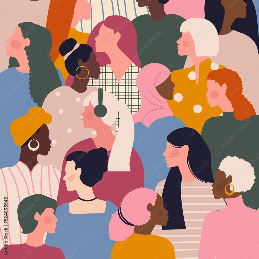 Crowd of young women in trendy hipster clothes. Happy Women's Day ...