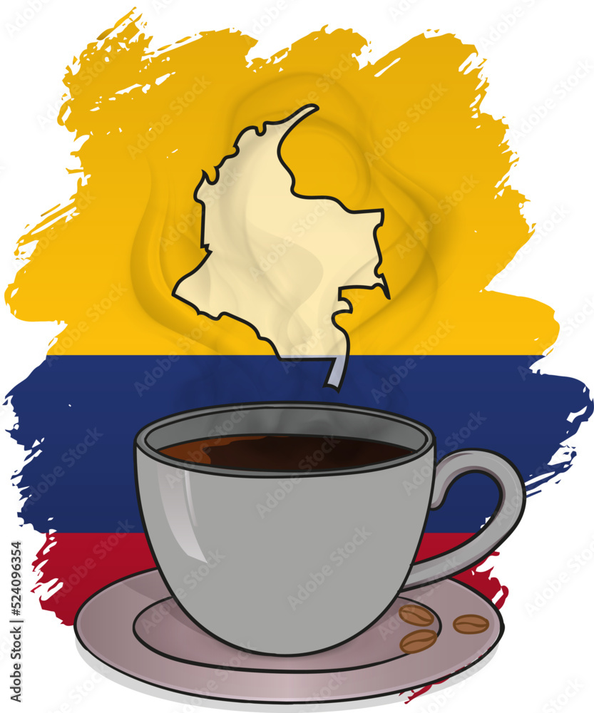 Café Colombiano, taza de cafe con la bandera de colombia de fondo, mapa ...
