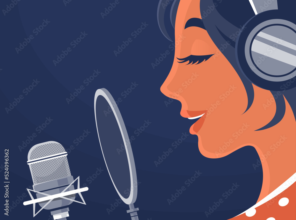 Vetor de Young girl singer in a recording studio. Microphone and ...