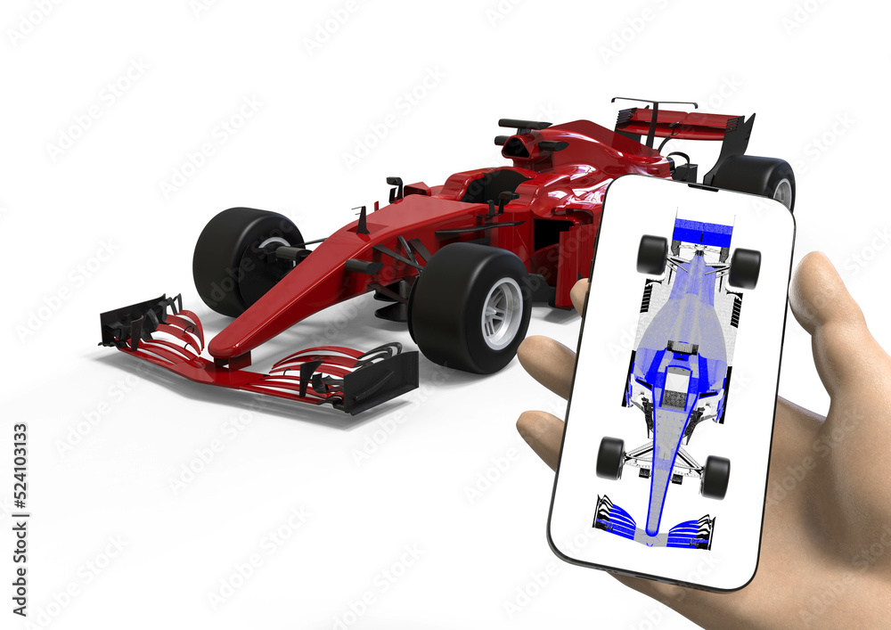 3d render image of a formula 1 car and a hand with a phone representing ...